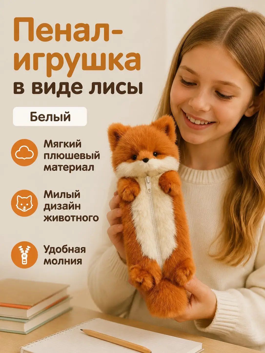 Пенал-игрушка лиса, 30 8 6 см, коричневый, мягкий плюшевый пенал с молнией