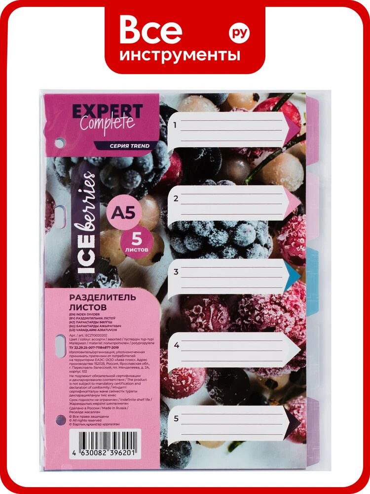 Разделитель листов Expert Complete 5 шт, пластиковый, A5, Trend ICEberries, EC270020202, лен, ассорти 706115