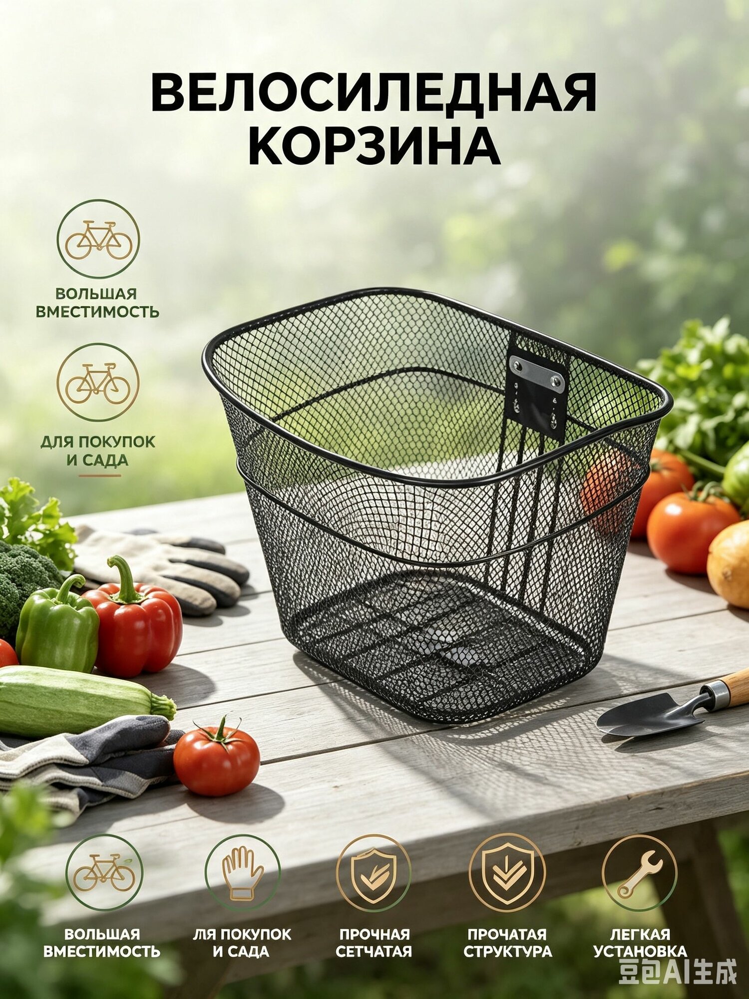 Корзина на велосипед взрослый передняя, 34х26х25 см - металлическая сетчатая велокорзина с креплением, универсальная для взрослого велосипеда.