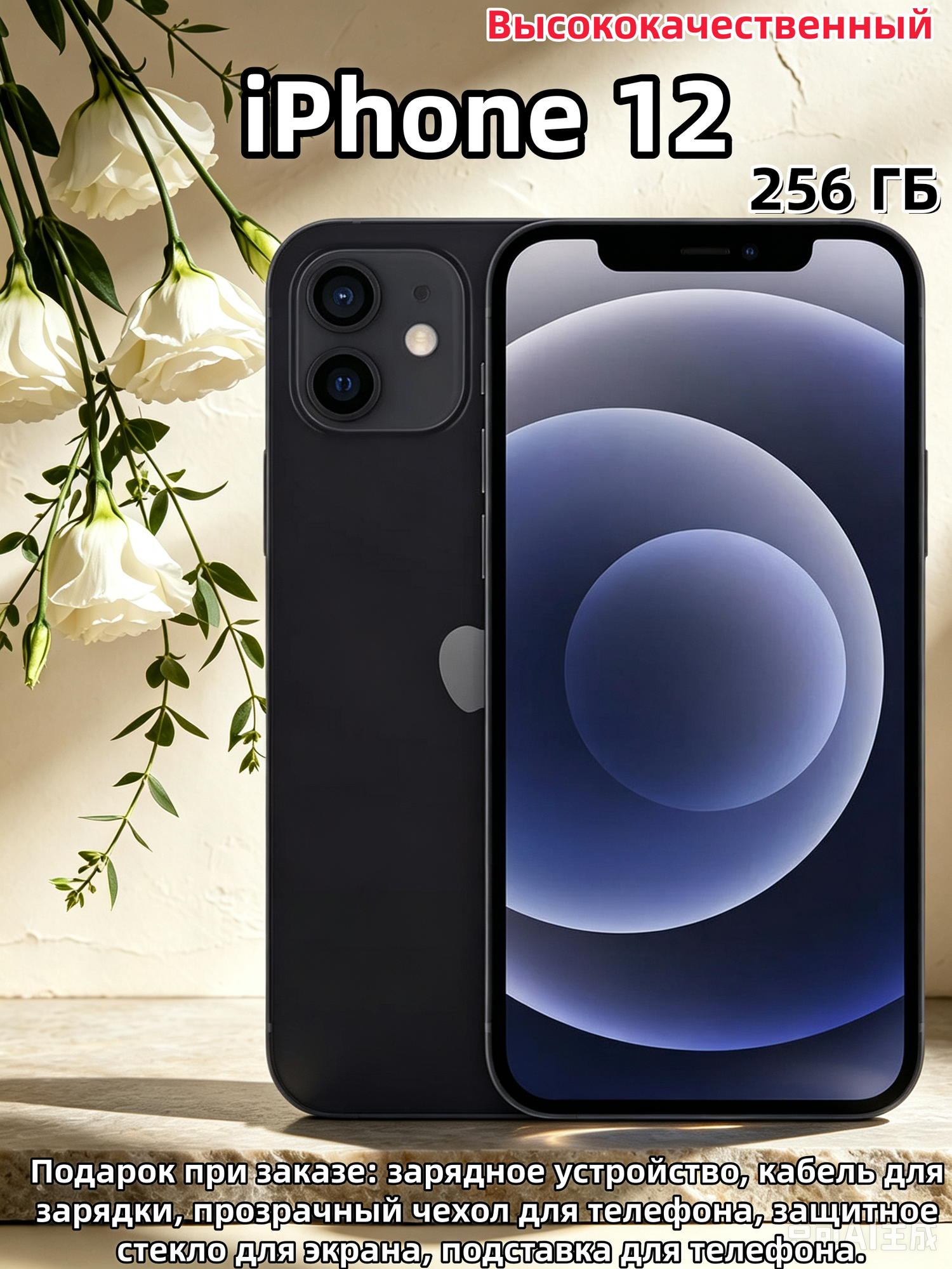 Смартфон Apple iPhone 12, 256 ГБ, экран XDR OLED диагональю 6,1 дюйма, поддержка двух Nano SIM-карт, цвет чёрный.