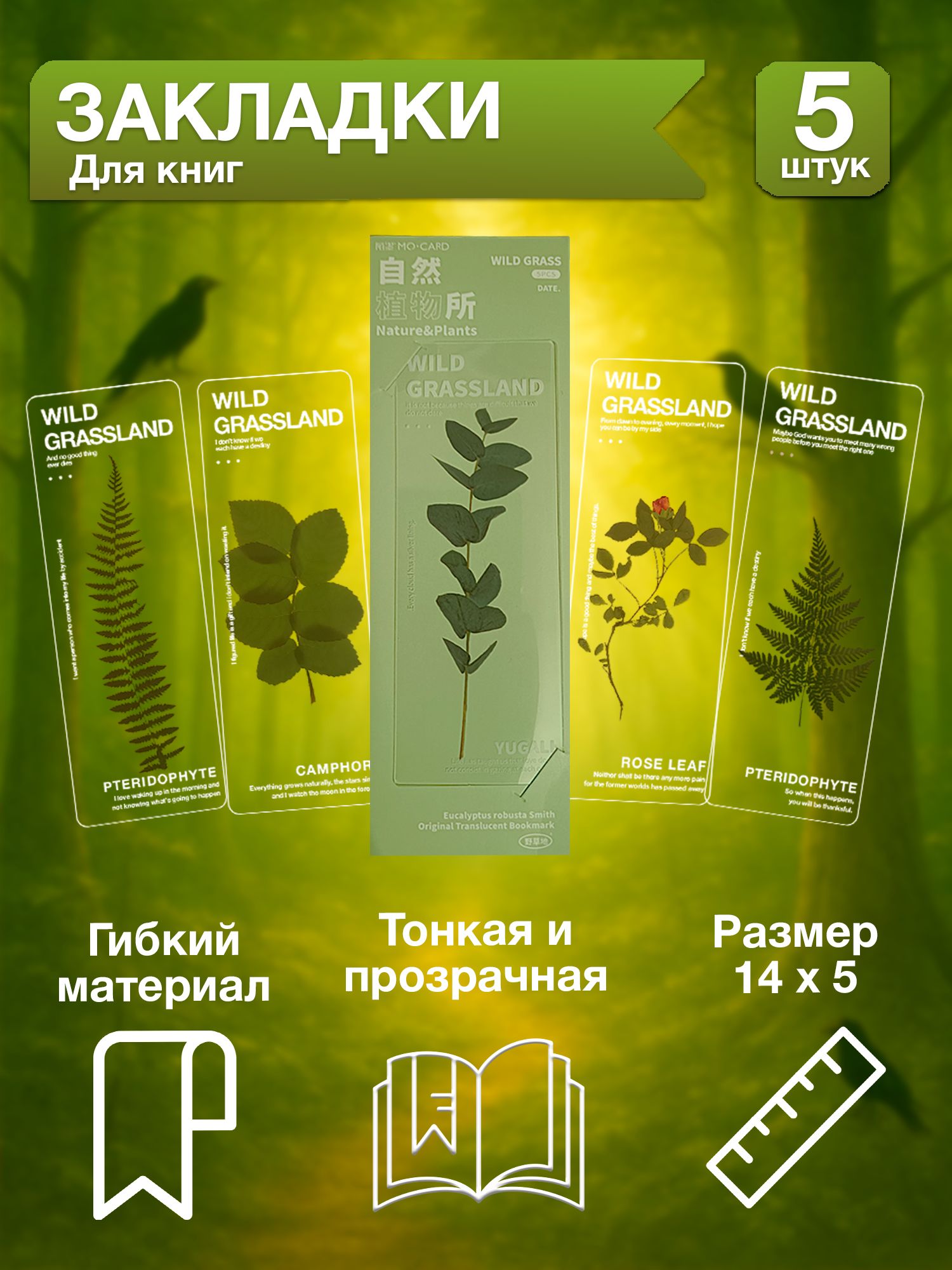 Набор прозрачных закладок для книг Цветы и Растения (wild flower). Необычные закладки для учебников, тетрадей, ежедневников и книг