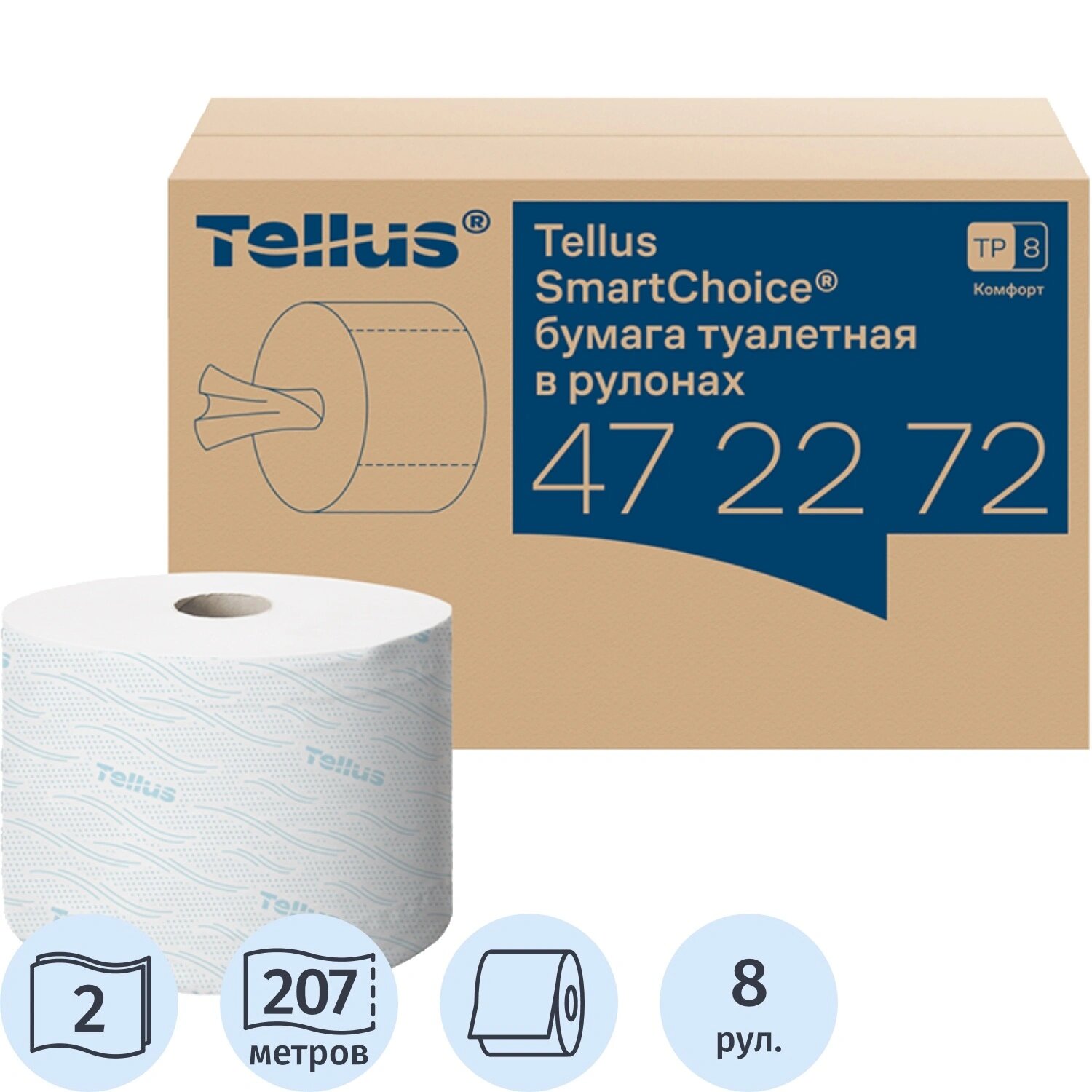 Tellus Бумага туалетная рулонная с центральной вытяжкой Tellus SmartOne T8 2-слойная белая 8 рулонов по 206.9 метров (472272)