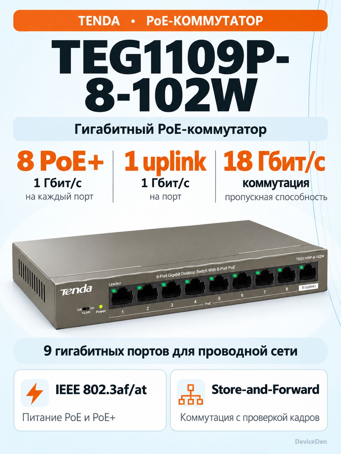 Tenda TEG1109P-8-102W PoE-коммутатор