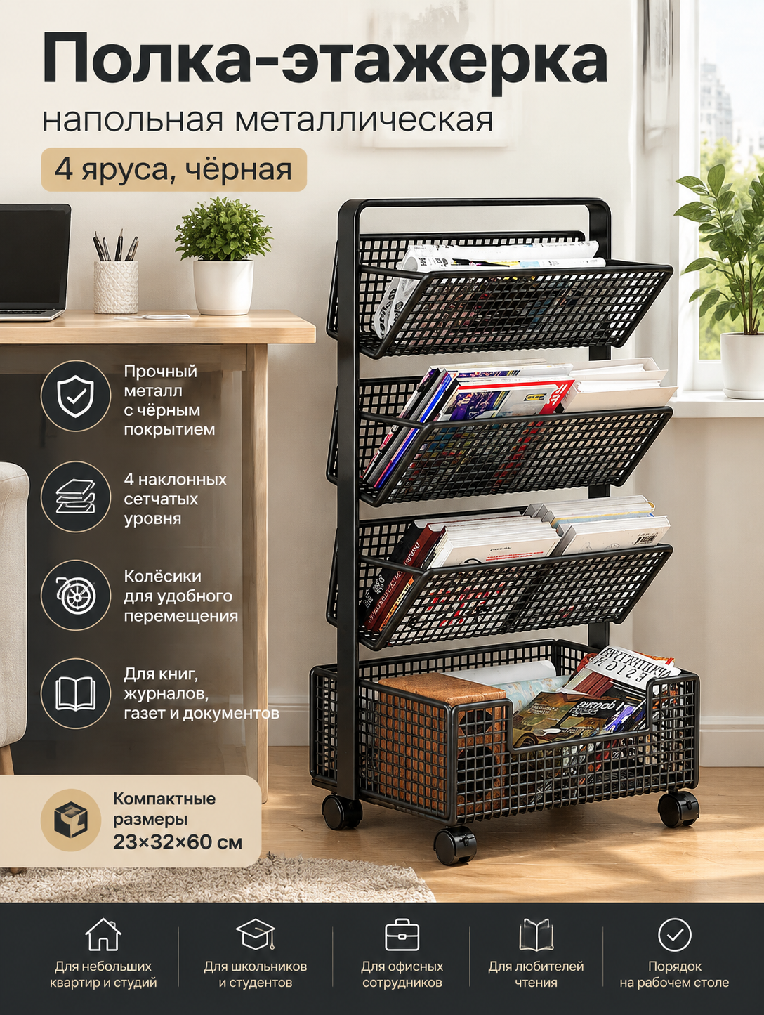Полка-этажерка напольная металлическая, 4 яруса, чёрная, 23x32x60 см, на колёсиках для дома