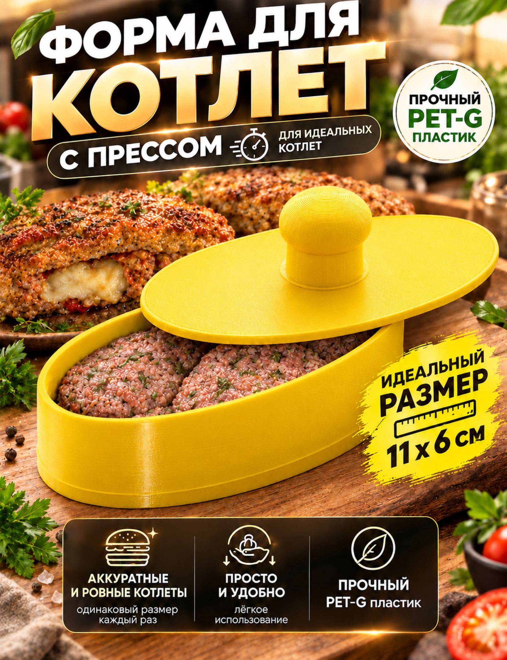 Пресс-форма для котлет, овальная 6 х 11 см, желтый