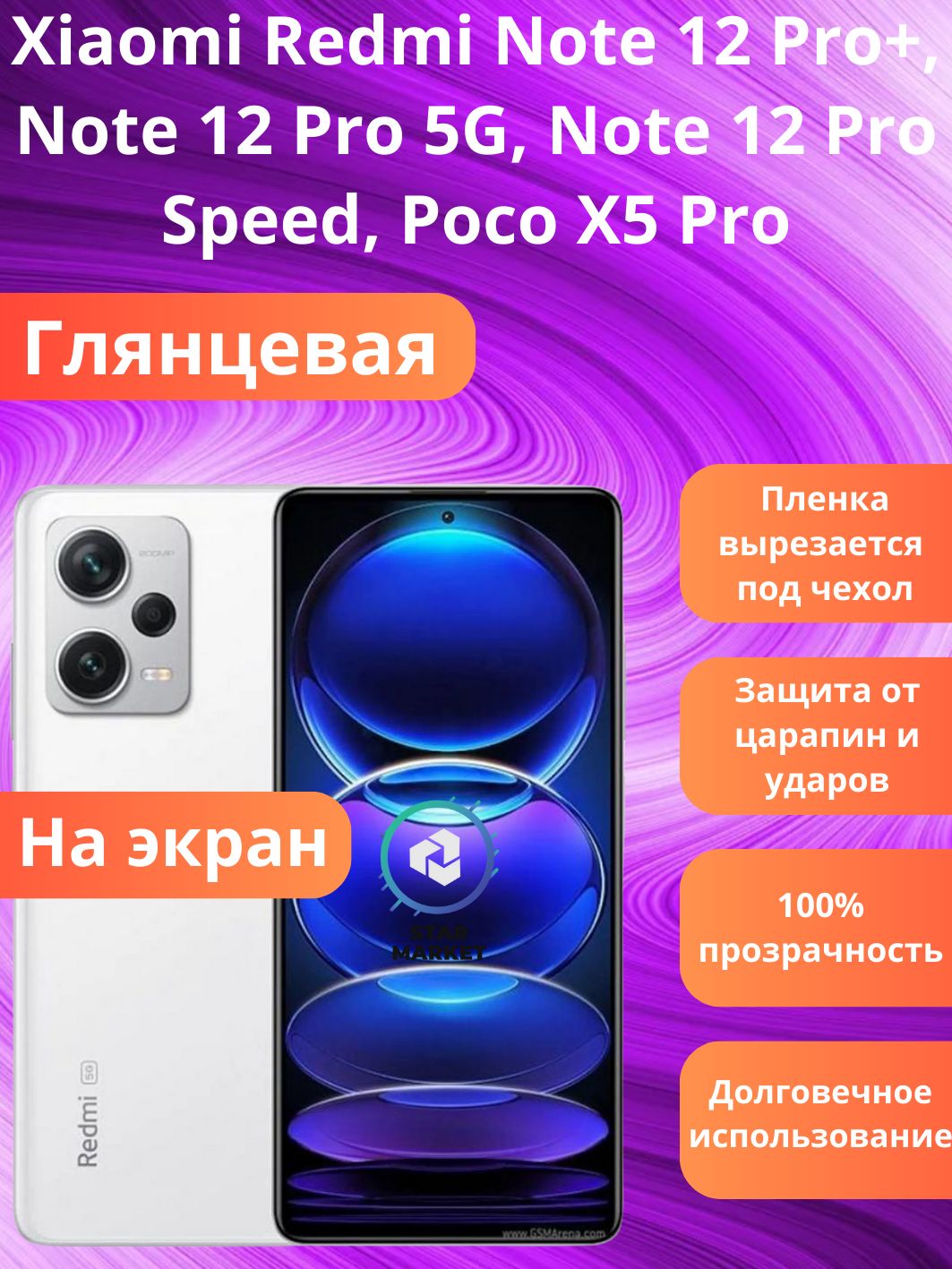 Гидрогелевая защитная пленка на Xiaomi Redmi Note 12 Pro+/Note 12 Pro 5G/Note 12 Pro Speed/Poco X5 Pro Глянцевая / плёнка противоударная бронепленкa для сяоми редми нот 12