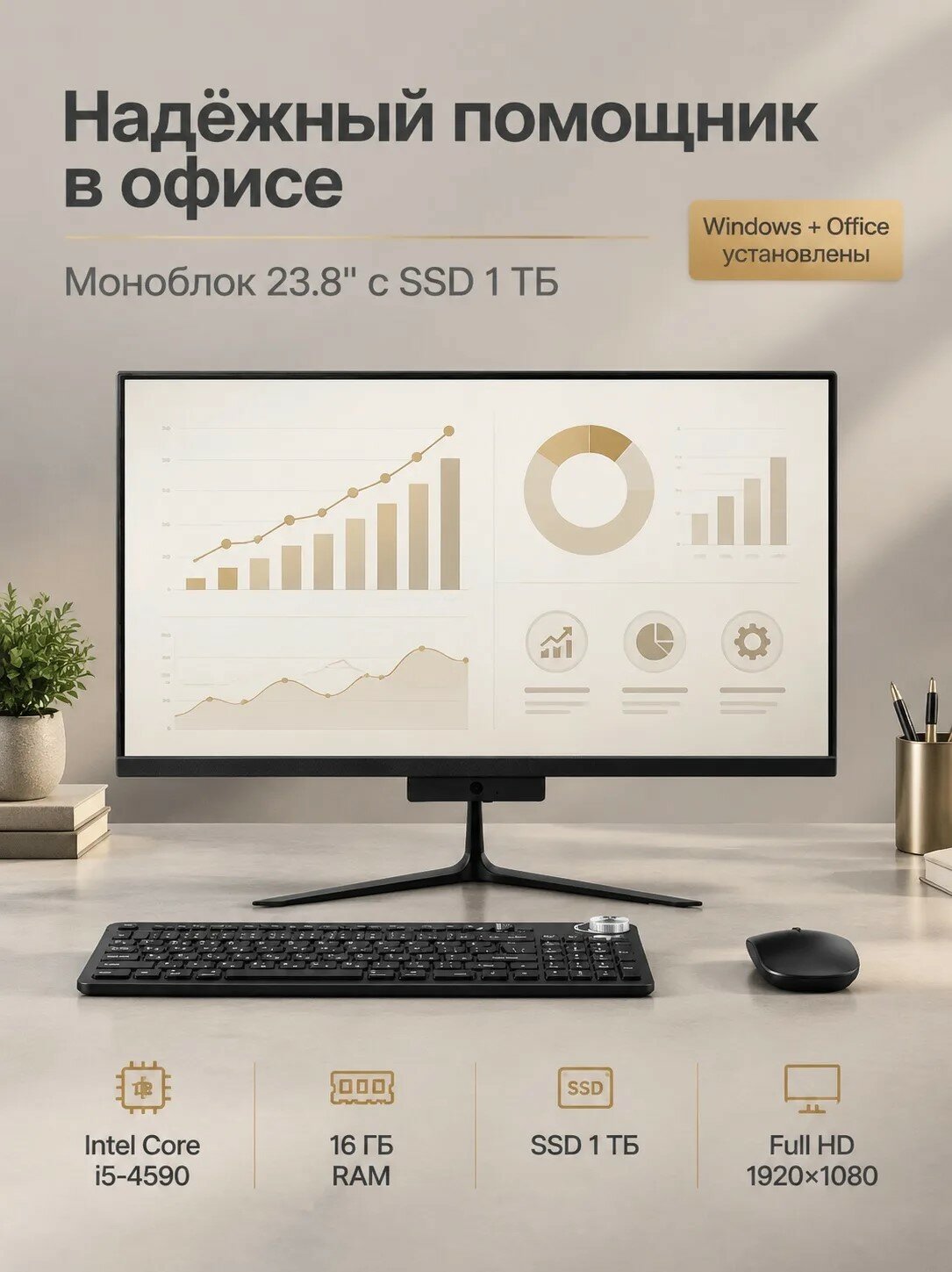 Моноблок DWO 24 дюйма, Intel Core i5, Windows 11pro, SSD 1 ТБ, RAM 16ГБ, черный