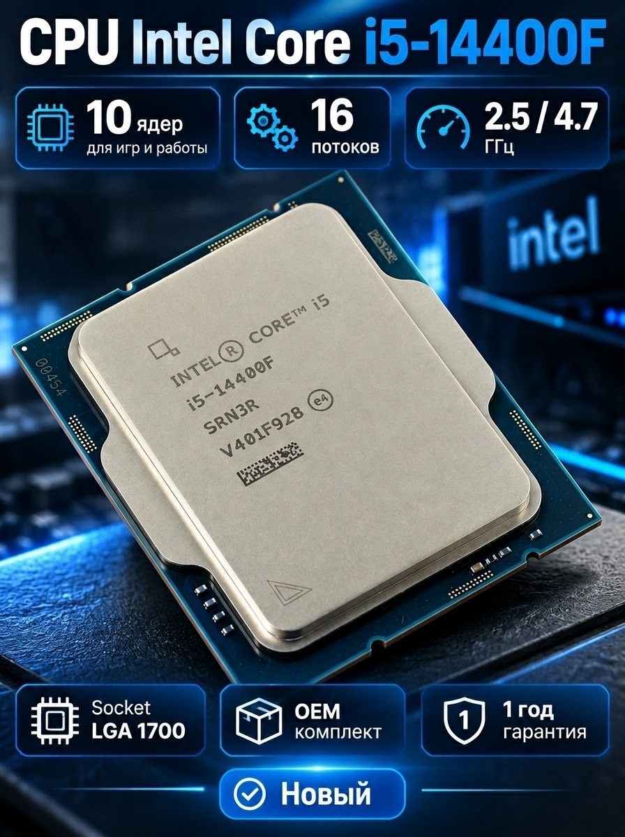 Процессор Intel Core i5-14400F OEM, 10 ядер, до 4.7 ГГц, LGA 1700, кэш 20 МБ, поддержка DDR4/DDR5