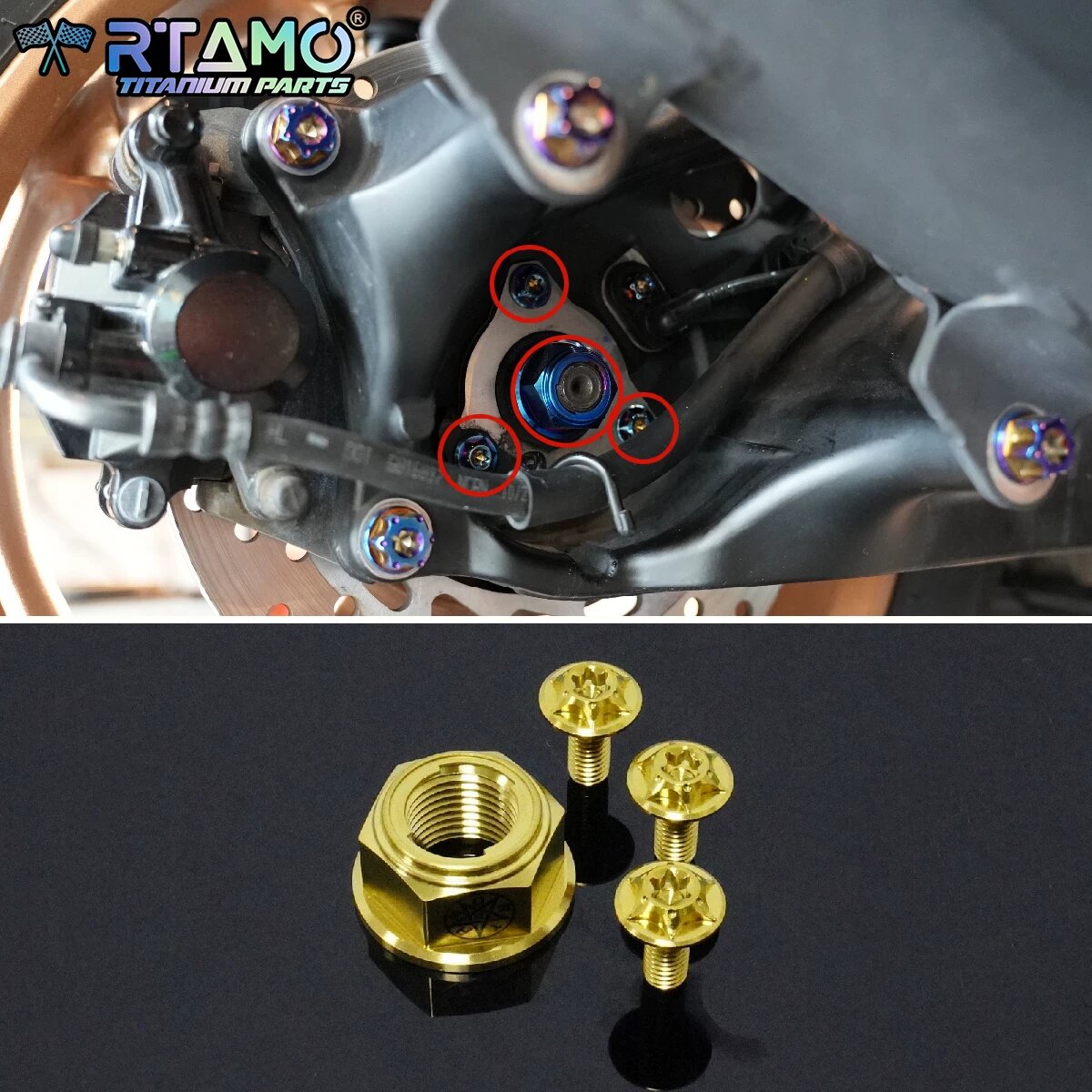 Титановая гайка и колпачок заднего колеса для Yamaha Nmax 155, PVD золотой, 1 гайка + 3 колпачка в комплекте