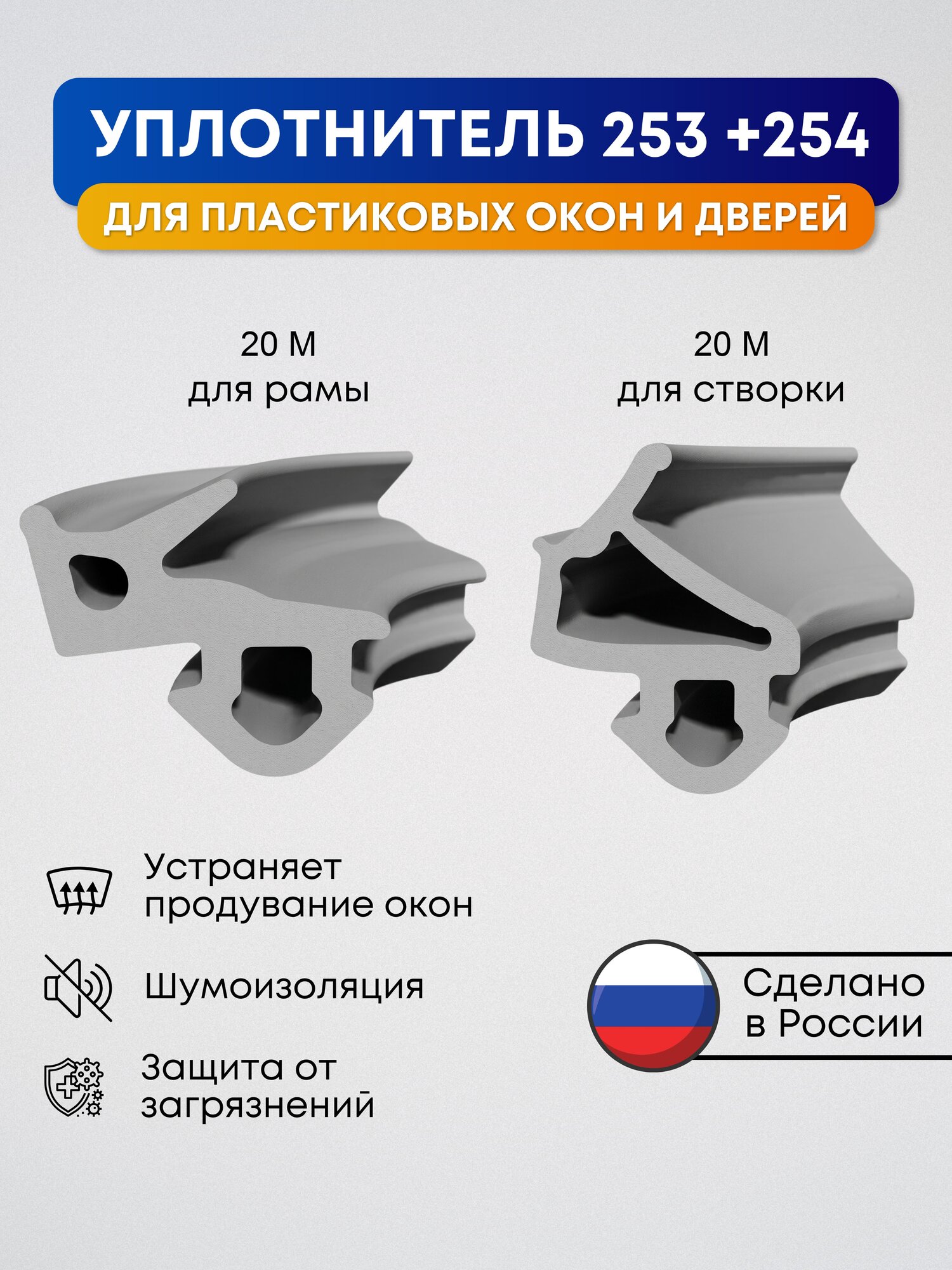 Уплотнитель 253 + 254 для пластиковых окон ПВХ (рама 20м + створка 20м)