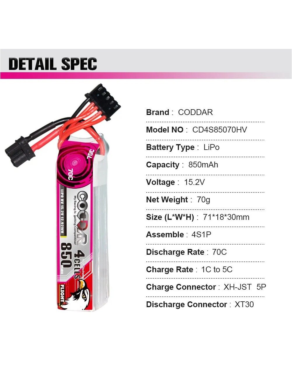 Аккумулятор CODDAR 850MAH 4S 15.2V 70C LiPo с разъемом XT30 для радиоуправляемых моделей