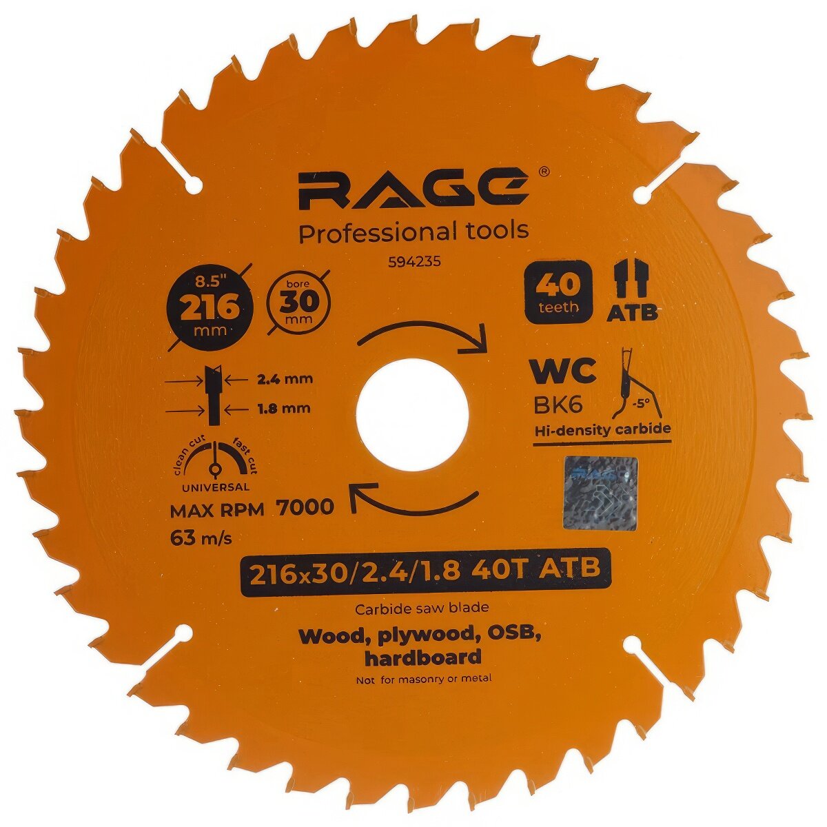 Диск пильный по дереву Rage by Vira Universal 216х30 мм 40 зубьев (594235)