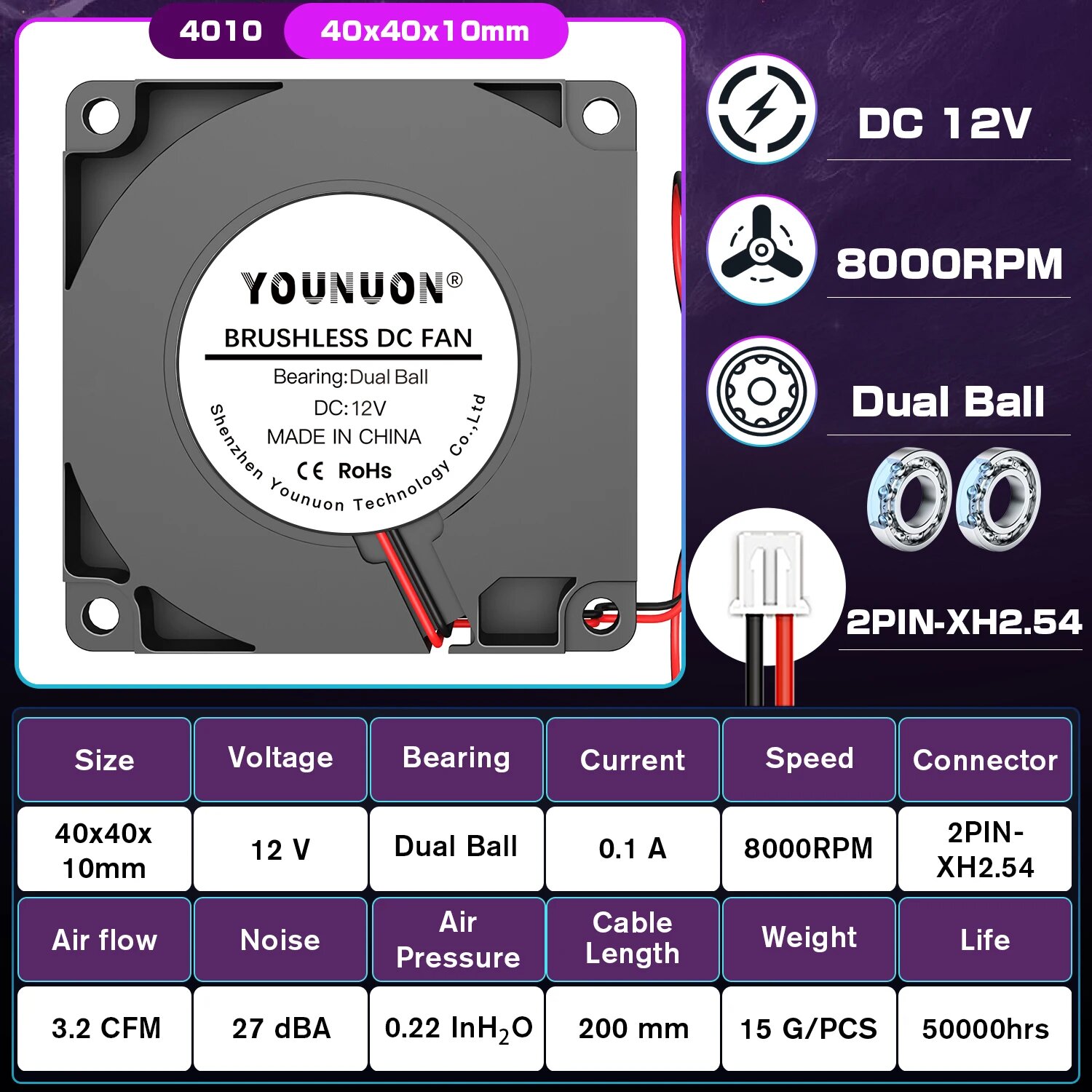 YOUNUON 4010 12V Dual Ball вентилятор 8000RPM 2PCS
