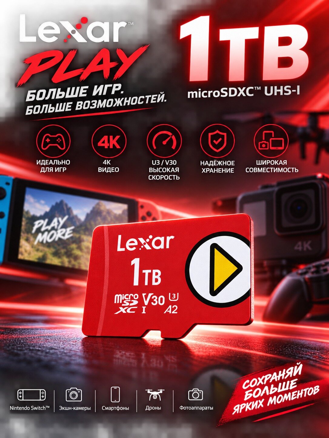 Карта памяти Lexar PLAY microSDXC 1TБ UHS-I, Class10 U3 V30 A2, флеш-карта для портативной игровой консоли