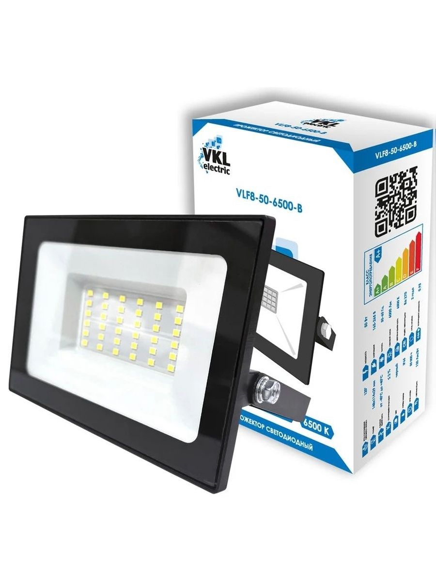 Прожектор LED 050Вт Бел/Хол 220В 120 SMD 6000Лм 148х114х29мм 6500К IP65 черный VKL electric
