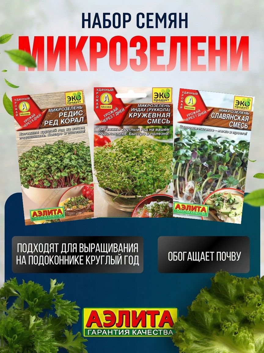 Набор семян микрозелени (3 пакетика) для выращивания на подоконнике