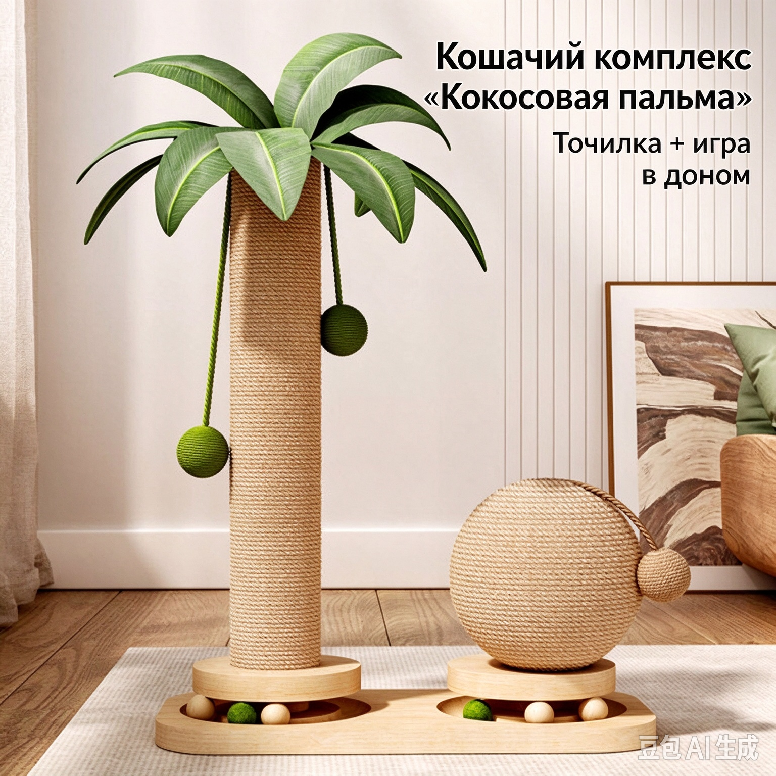 Когтеточка для кошек в виде пальмы, игровой комплекс с шариками, столб из каната, развлечение для котов
