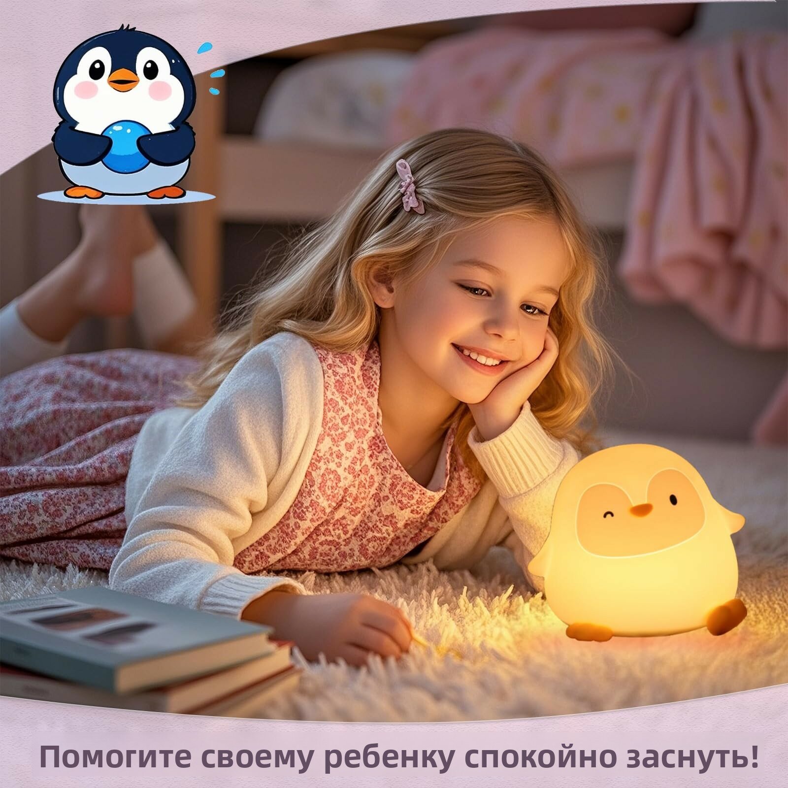 Ночник в форме пингвина из мягкого силикона с RGB подсветкой, регулировкой яркости и сенсорным управлением, портативный аккумуляторный