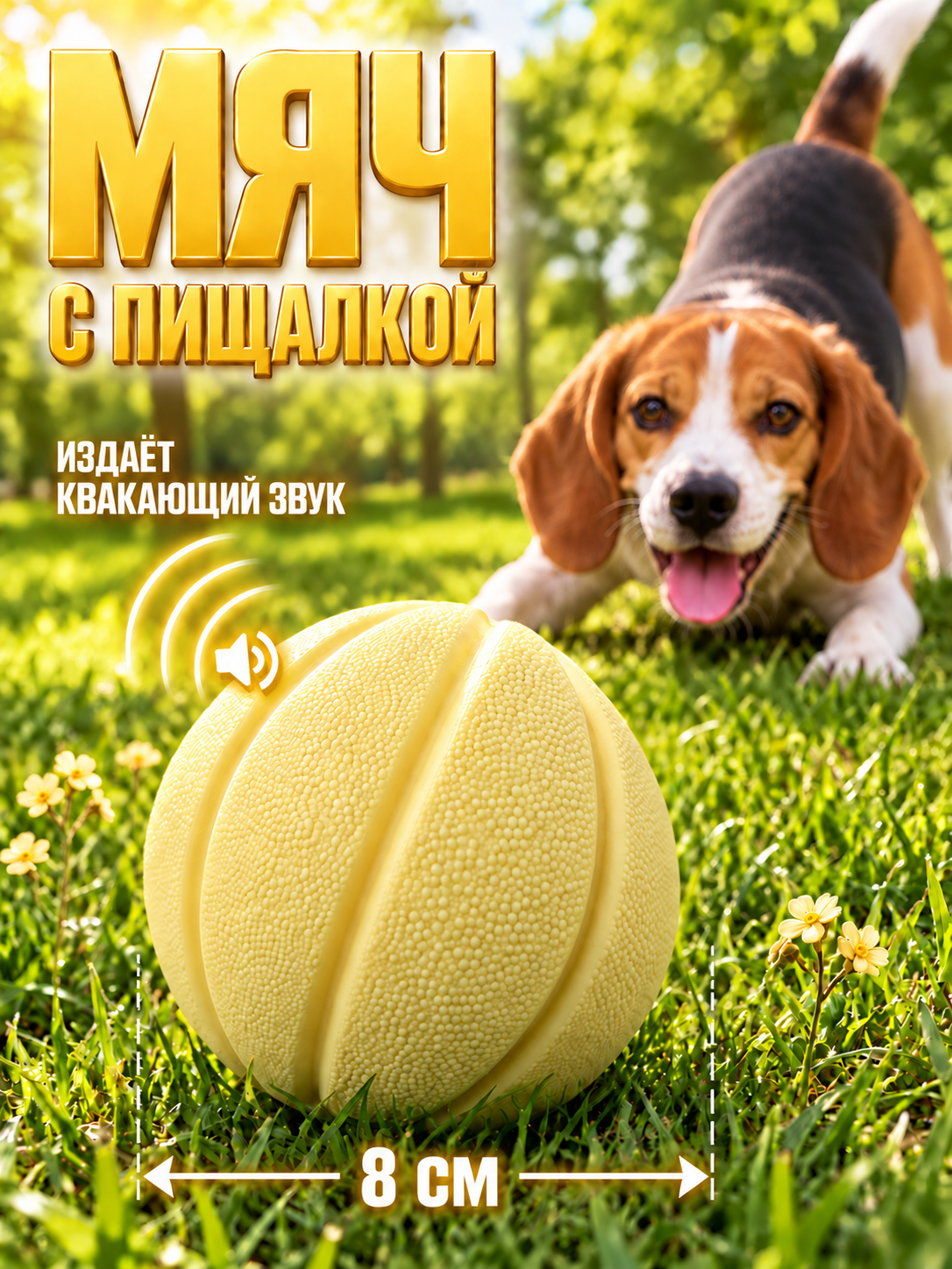 Игрушка для собак WOGY Мяч квакающий, 8 см, для всех пород, с пищалкой, жёлтый