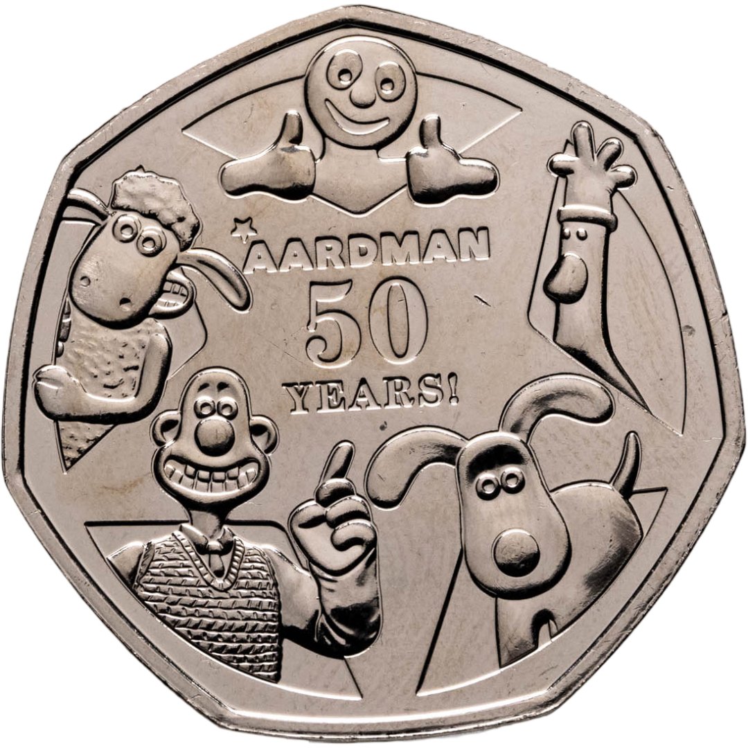 Великобритания 50 пенсов 2026 "50 лет студии Aardman", в коинкарте, Мельхиор медь-никель, в сохранности BUNC