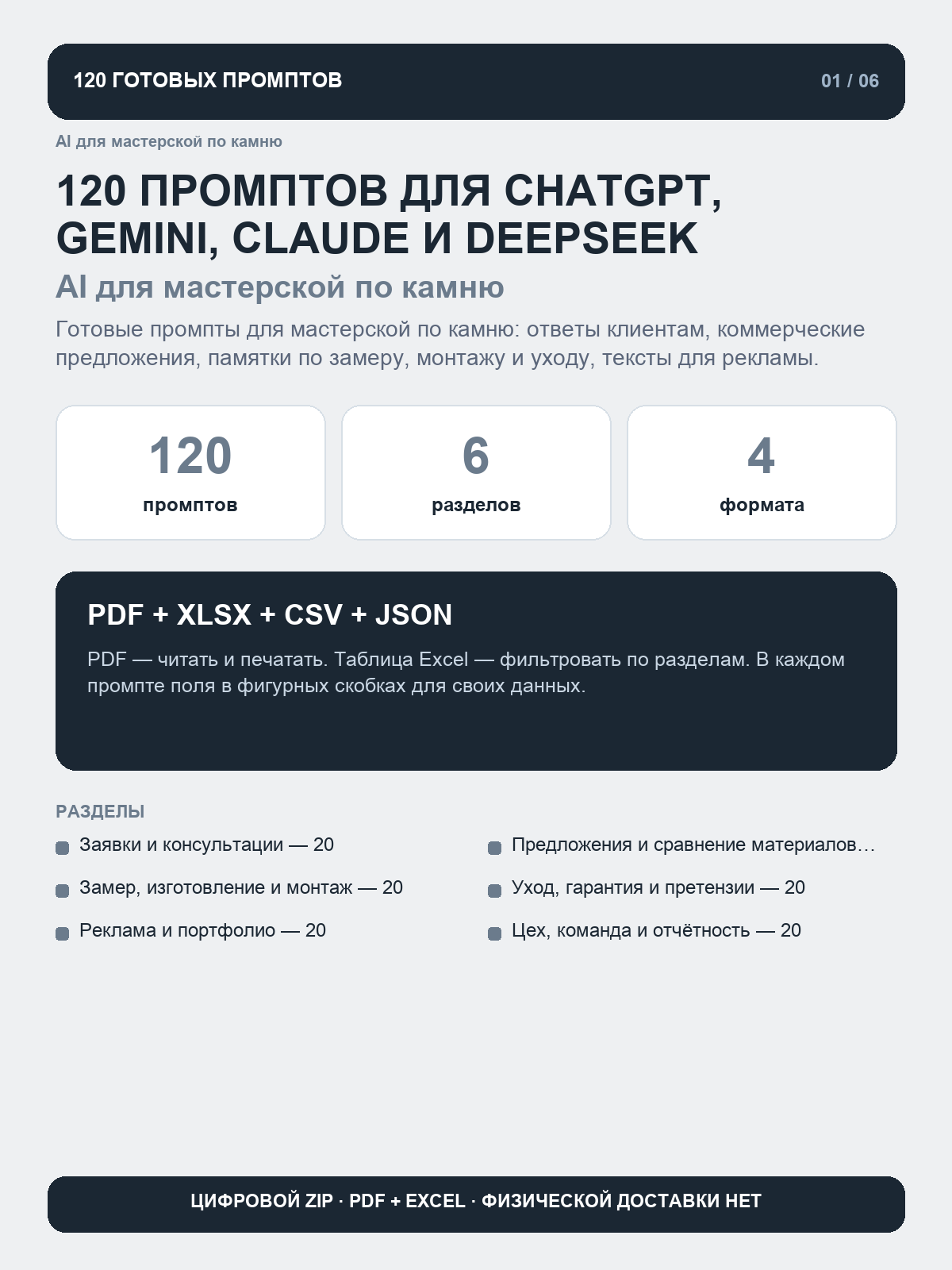 AI для мастерской по камню: 120 промптов для ChatGPT, Gemini, Claude и DeepSeek, цифровая книга PDF A4