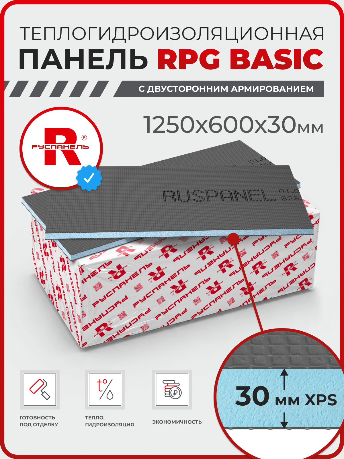 Теплоизоляционная панель Basic с двухсторонним армированием Ruspanel (упаковка 5 шт) XPS RPG 1250х600х30 мм сетка1/эппс30/сетка1 Руспанель
