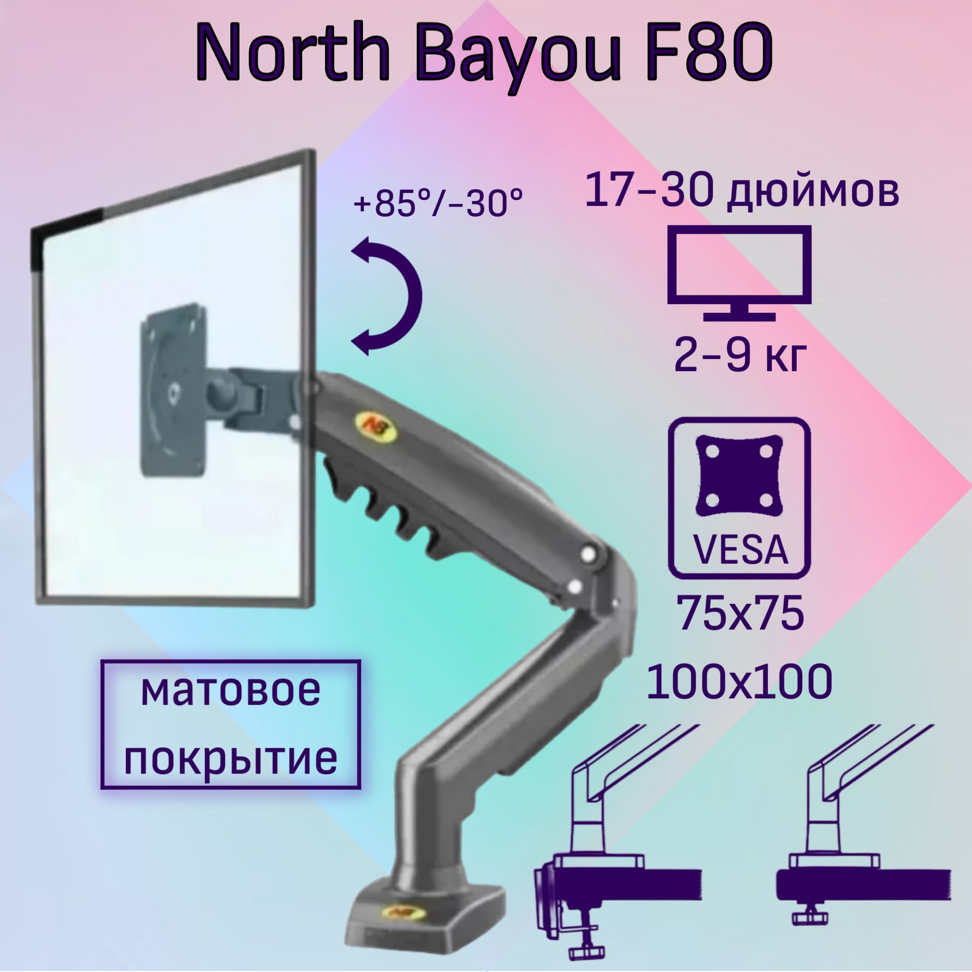 Настольный кронштейн NB North Bayou F80 для монитора 17-30" до 9 кг, черный матовый