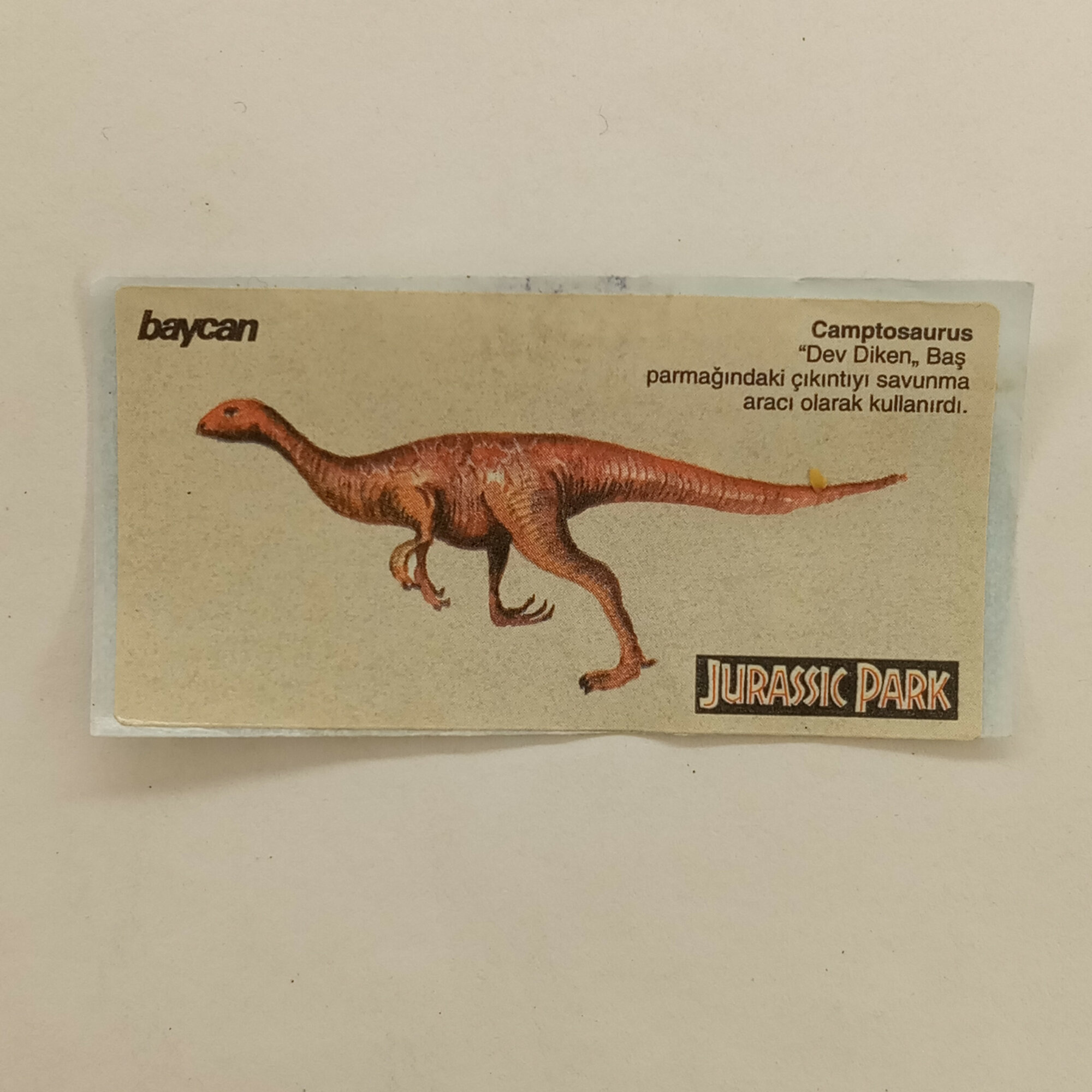 Вкладыш жевательной резинки винтажный. Динозавр Camptosaurus, Jurassic Park. Винтажный```