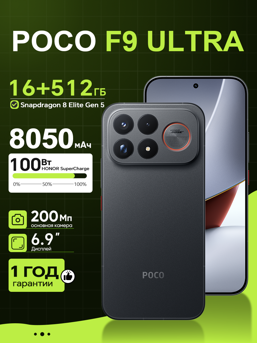 Смартфон Xiaomi POCO F9 Ultra 5G 16/512 ГБ, Snapdragon 8 Elite Gen 5, 6,9" AMOLED 185 Гц, 200 Мп, 8050 мА·ч, черный