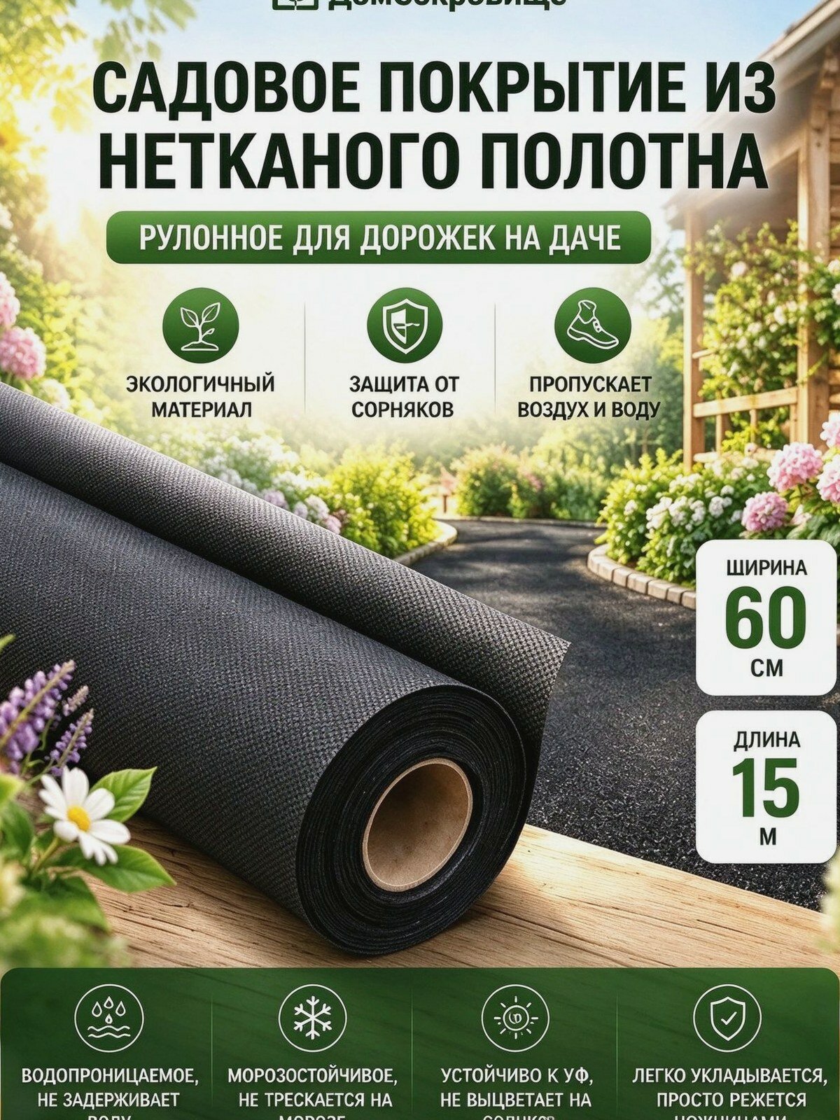 Садовый настил из нетканого волокна 0,6 × 15 м, черно-серый, для дачи