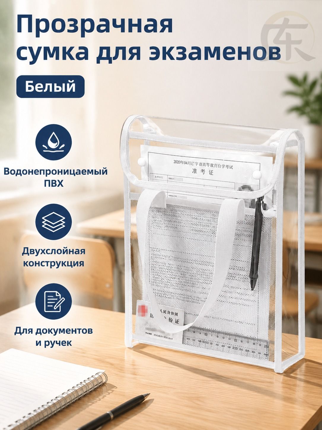 Прозрачная сумка-папка для экзаменов из ПВХ, вертикальная, белая, формат A4