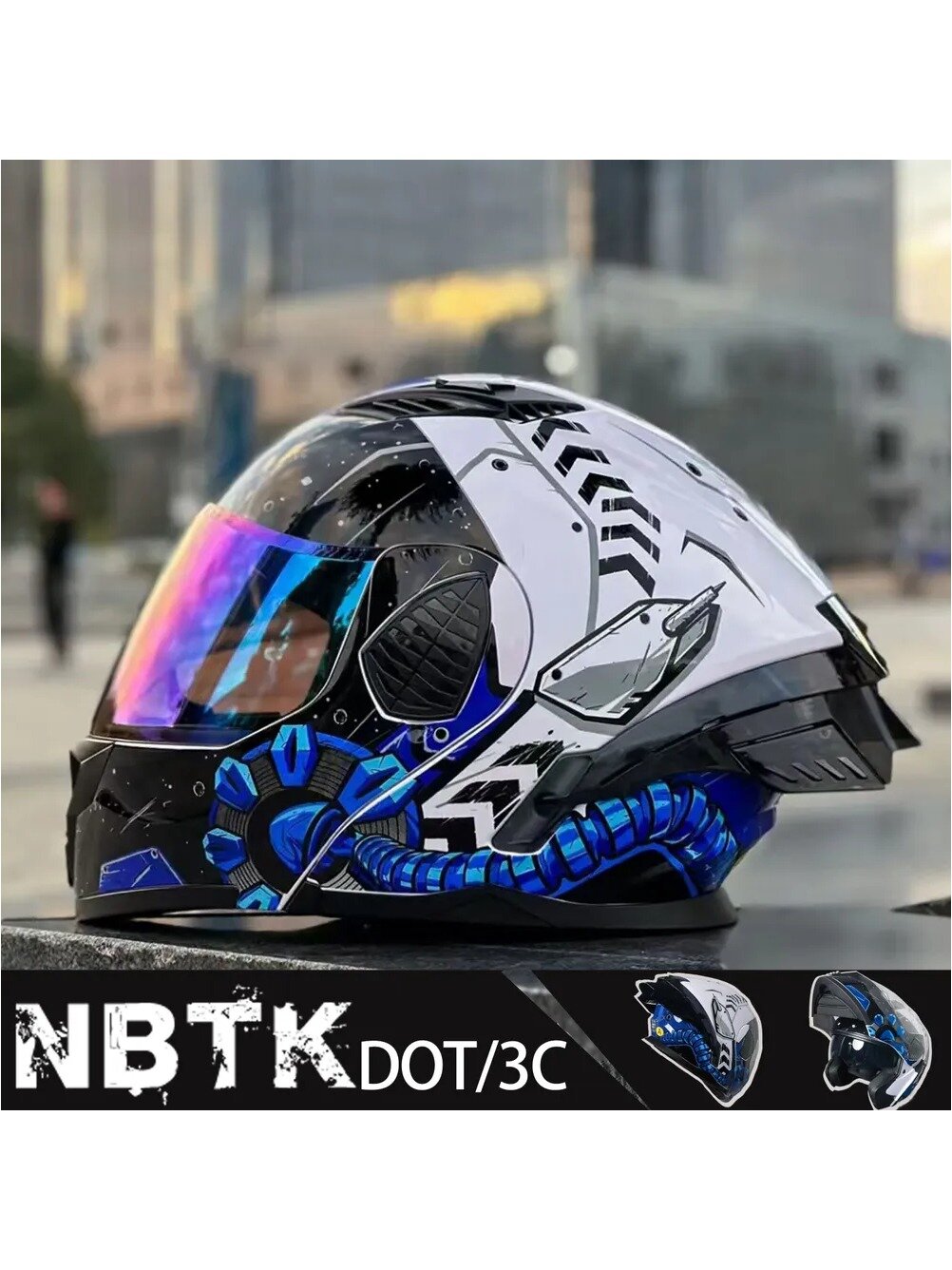 Мотошлем NBTK открытый с визором, белый с голубым, размер M, ABS пластик, DOT
