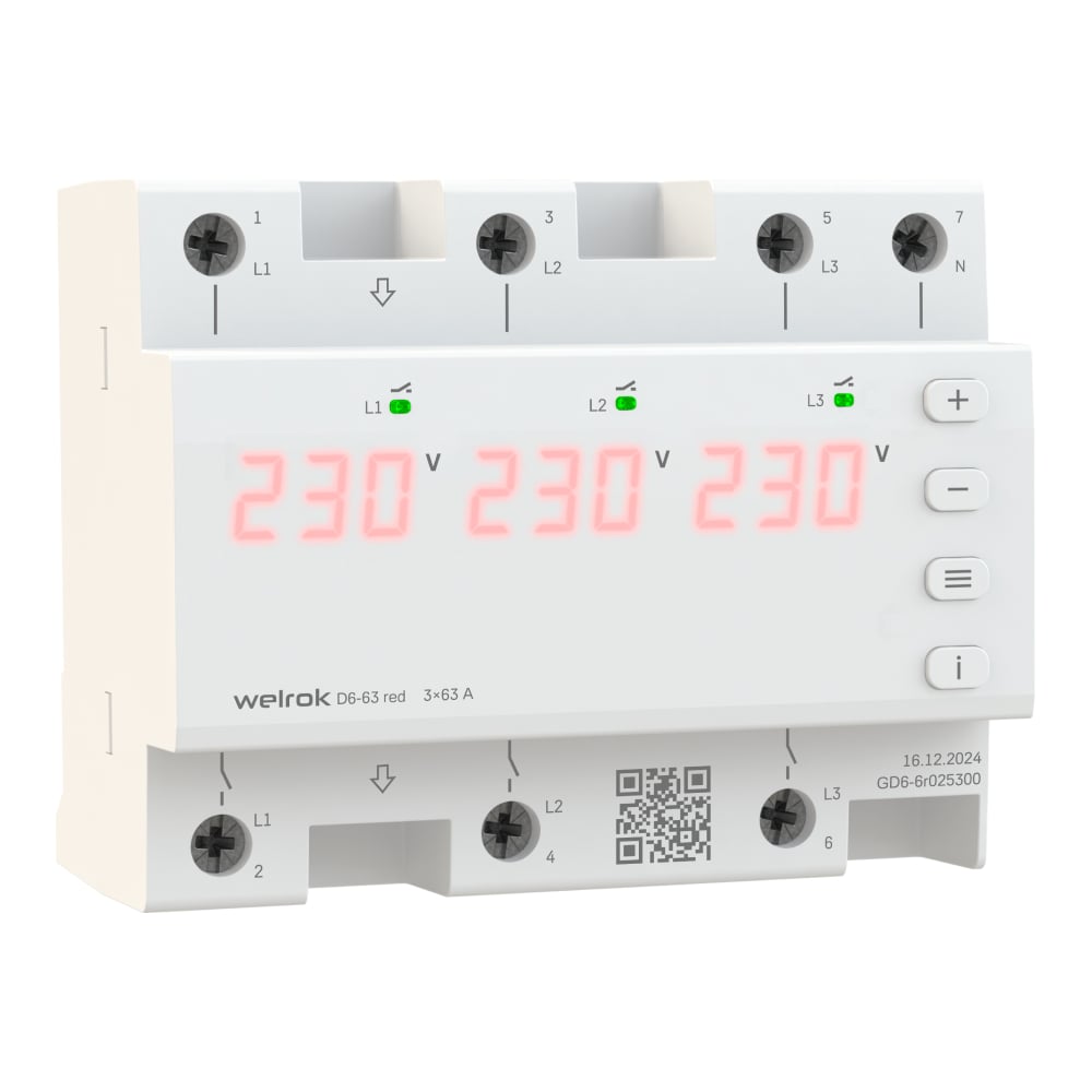 Трехфазное реле напряжения Welrok D6-63 red 4660251140410