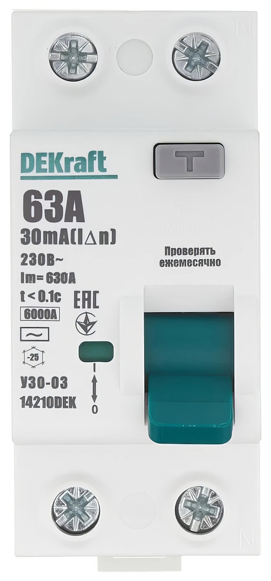 УЗО Dekraft УЗО-03 63А 1P+N тип AC 30 мА 6 кА компактное (14210DEK)