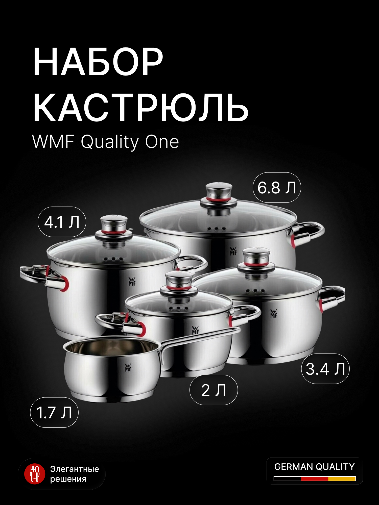 Набор кастрюль WMF Quality One 5 предметов, с крышками, для всех типов плит, 0774556380