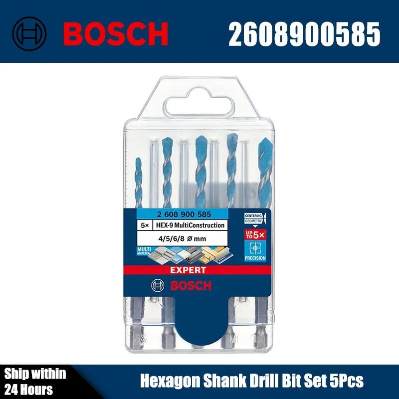 Bosch 2608900585 Сверло с шестиугольным хвостовиком 4/5/6/6/8 мм, 5 шт, для плитки, дерева/стекла/керамики/цемента / сплавные треугольные сверла
