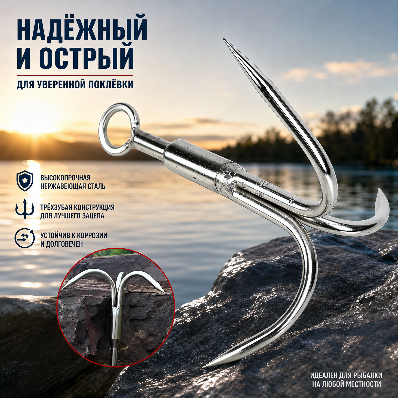 Якорь-кошка трехлапый из высокопрочной нержавеющей стали, с трёхзубой конструкцией для лучшего зацепа, устойчивый к коррозии и долговечный крюк для рыбалки и подводной охоты, подходит для очистки дна от травы и поиска снастей (Длина: 120 мм)