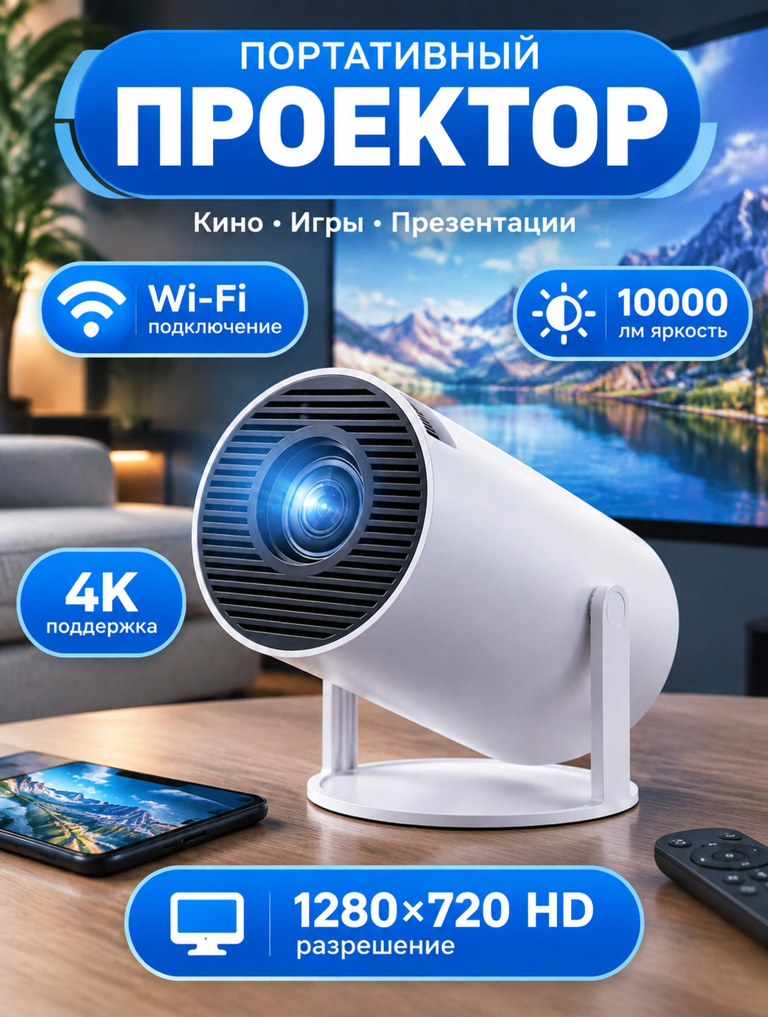 Портативный 1LCD-проектор HD 1280x720 с Wi-Fi, HDR и поддержкой 4K