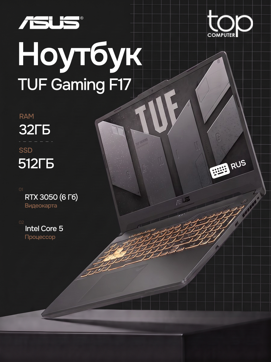Ноутбук Asus TUF Gaming F17 FX707VJB 17.3"FHD; IPS;144Hz/Core 5 210H/32GB/SSD 512GB/RTX3050 6GB/noOS/серый