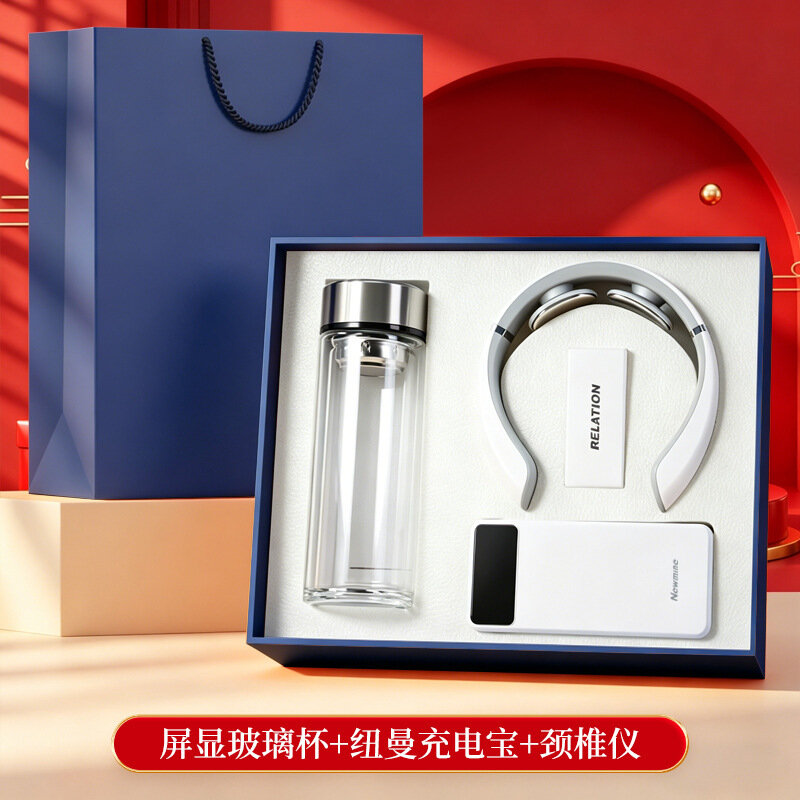 Белый комплект из 3 шт: двойная стеклянная кружка с power bank и массажером для шеи, подарок