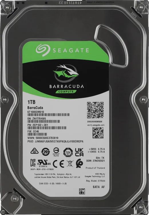 Seagate 1 ТБ Внутренний жесткий диск Barracuda, 3.5", 7200 об/мин, SATA III 6 Гбит/с (ST1000DM010)