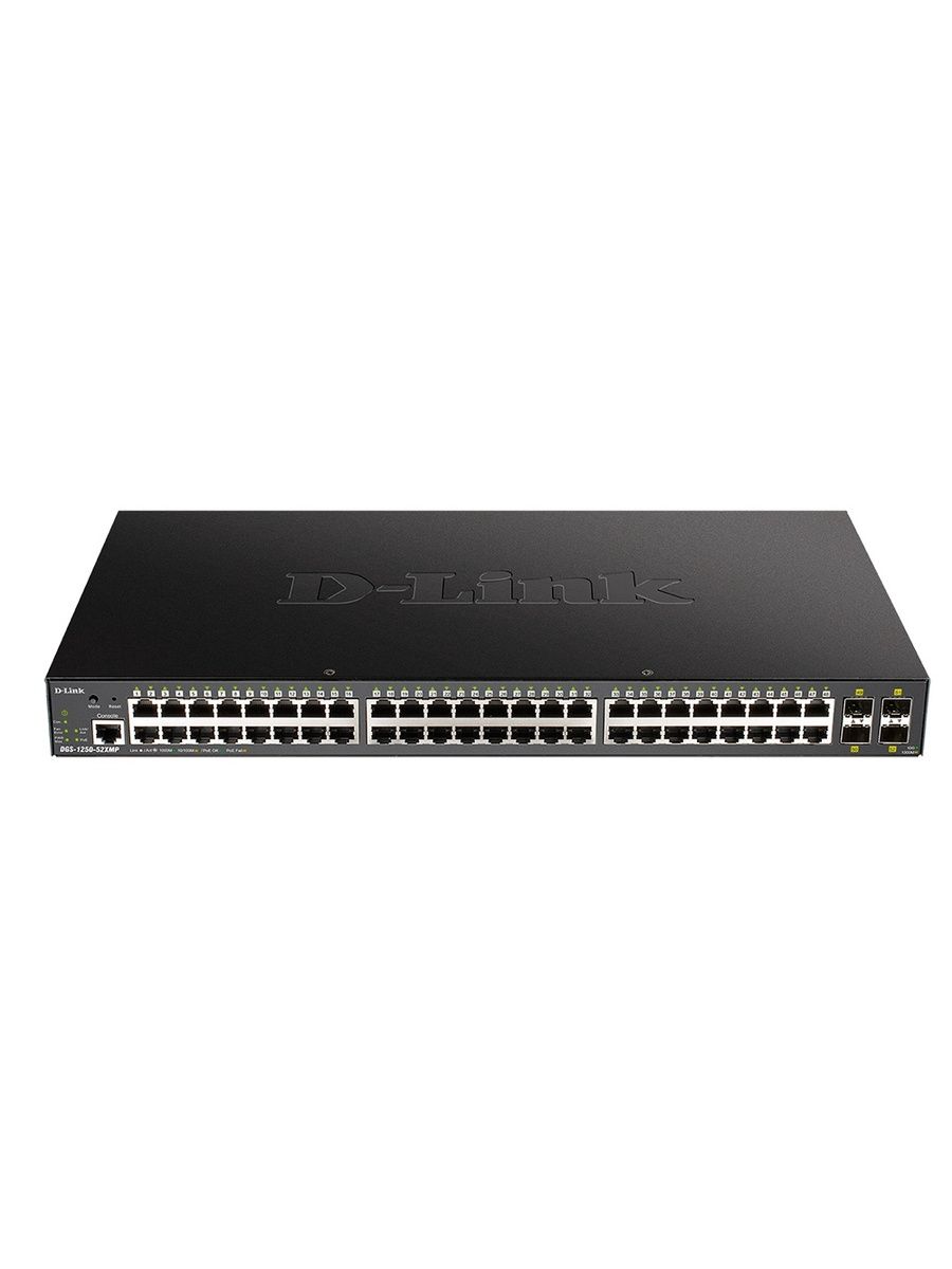Коммутатор D-Link DGS-1250-52XMP/A1A, RJ45, SFP+, 52 порта, 176 Гбит/с, PoE, управляемый, черный