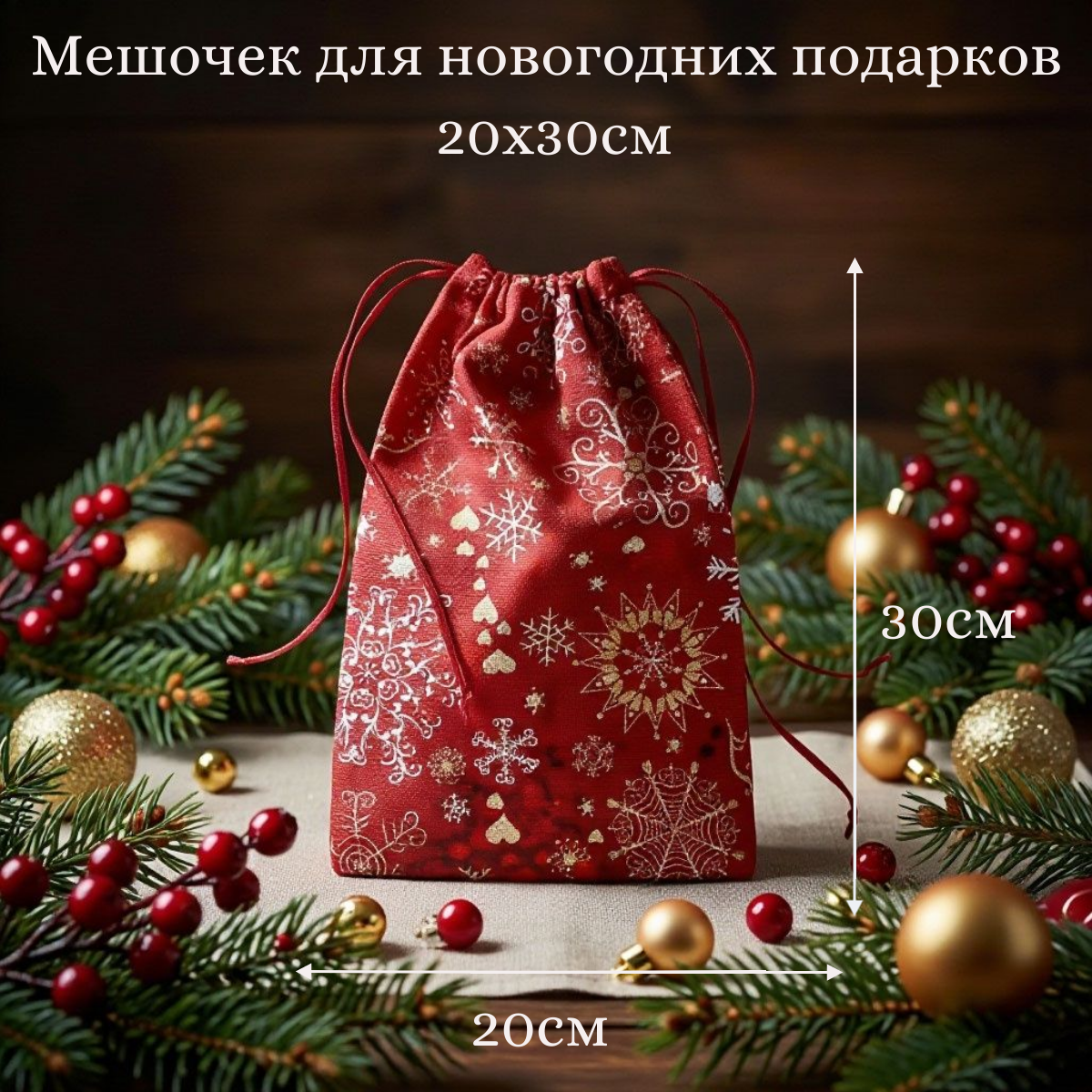 Новогодний мешок для подарков из рогожки, 20×30 см, красный с узором, тканевый мешочек для сладостей