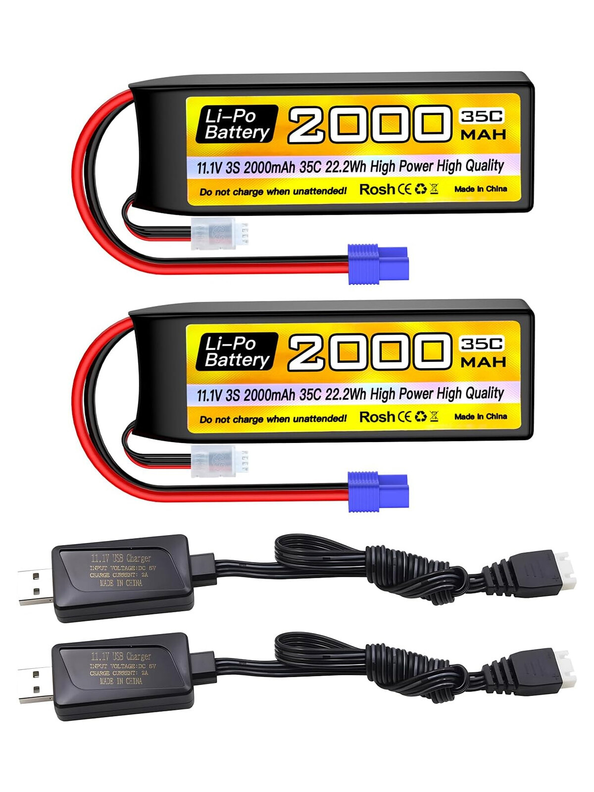 2 батарей 3S 11.1V 2000mAh 35C Lipo с разъемом EC2 и зарядным кабелем USB для автомобилей RC, грузовиков, судов
