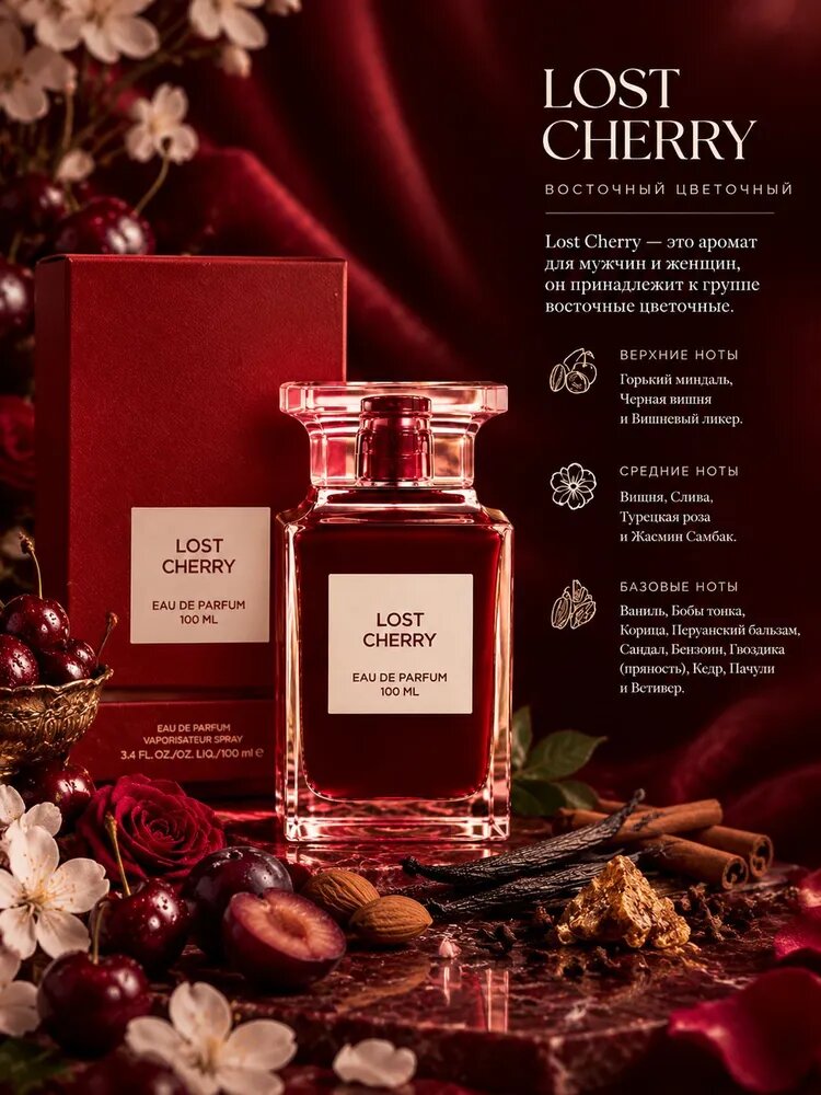 Духи Парфюмерная вода женская и мужская Lost Cherry (Лост Черри), стойкие селективные с нотами вишневого ликера и миндаля, 100мл 99,9 мл