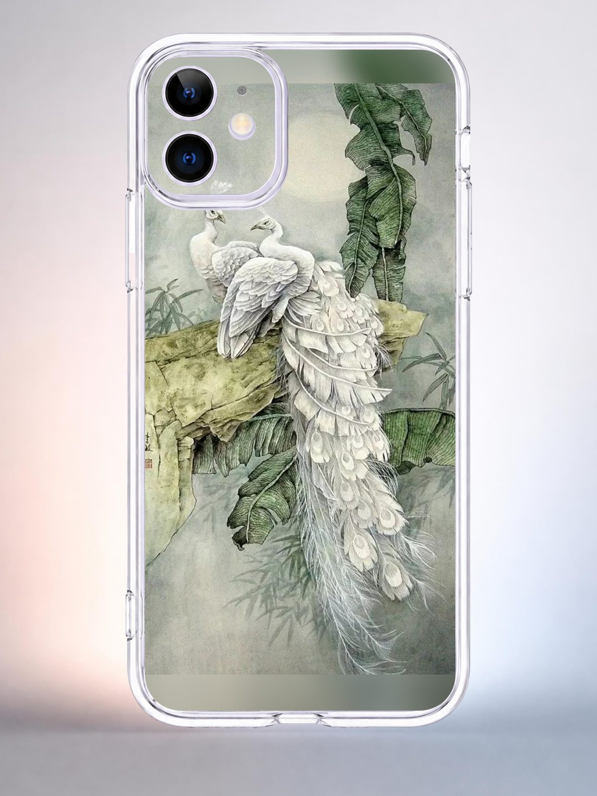 Прозрачный чехол на iPhone 11 Белые павлины