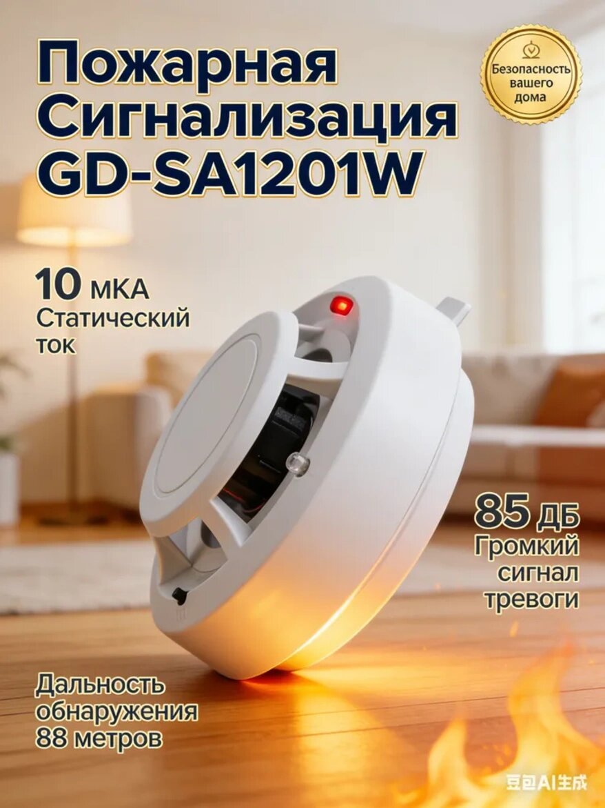 Автономный дымовой извещатель GD-SA1201W, 85 дБ, 102 мм, для дома и бани, Комплект