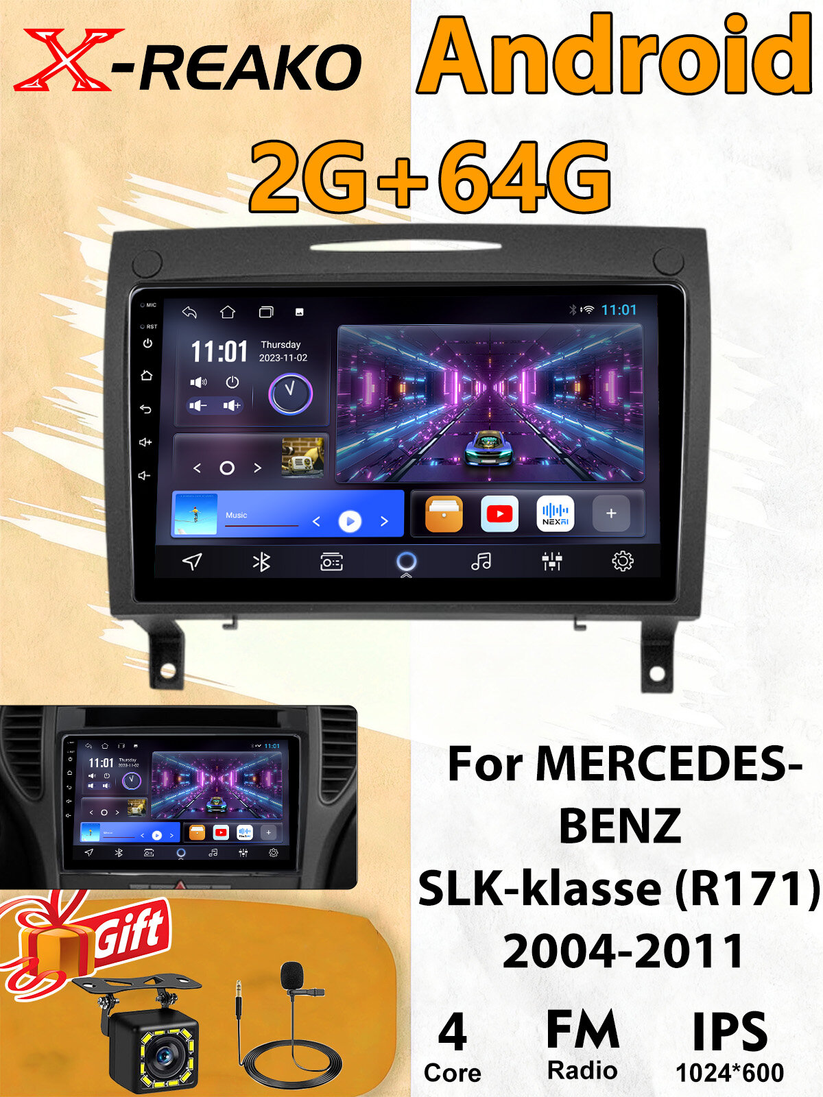 Магнитола для MERCEDES-BENZ SLK-klasse (R171) 2004-2011 экран 9 дюймов Андроид wifi Bluetooth GPS