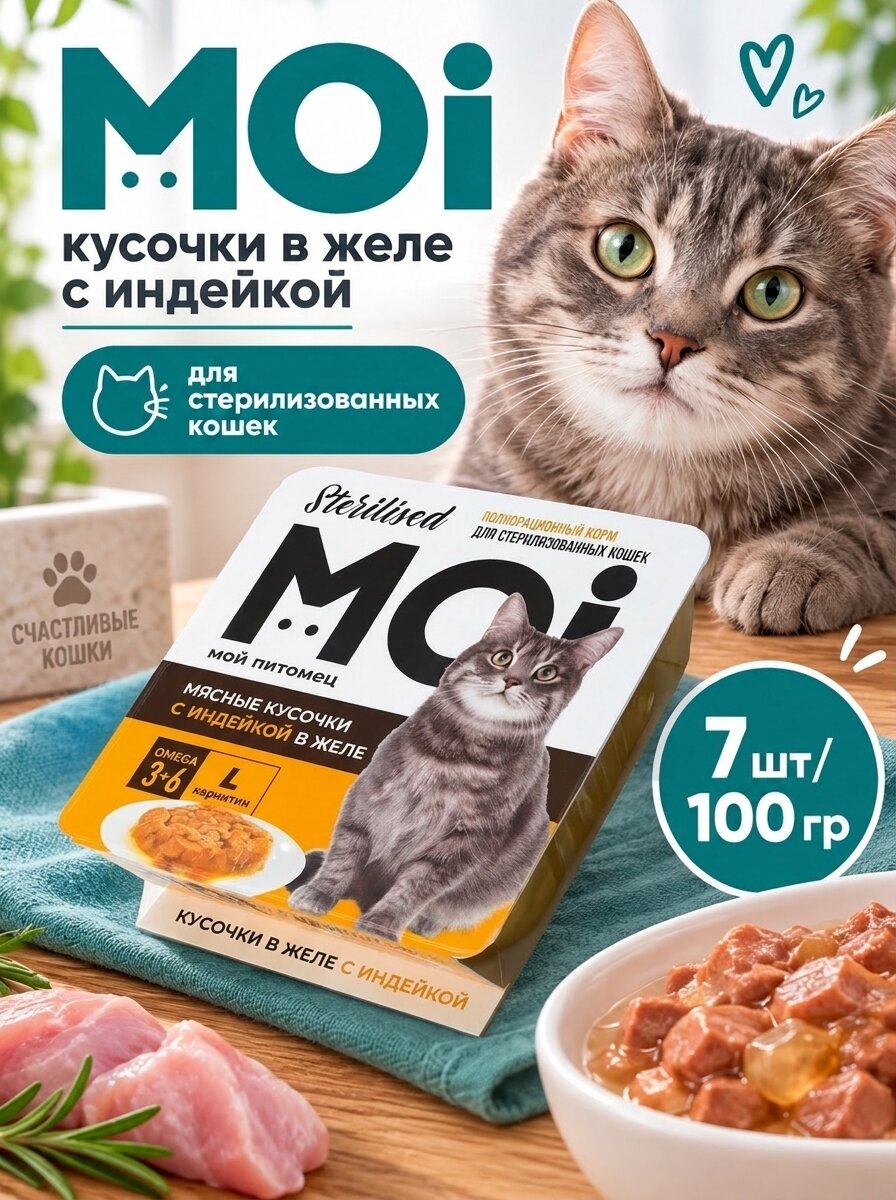 MOI Sterilised консервы для стерилизованных кошек, кусочки в желе с индейкой 100гр*7шт