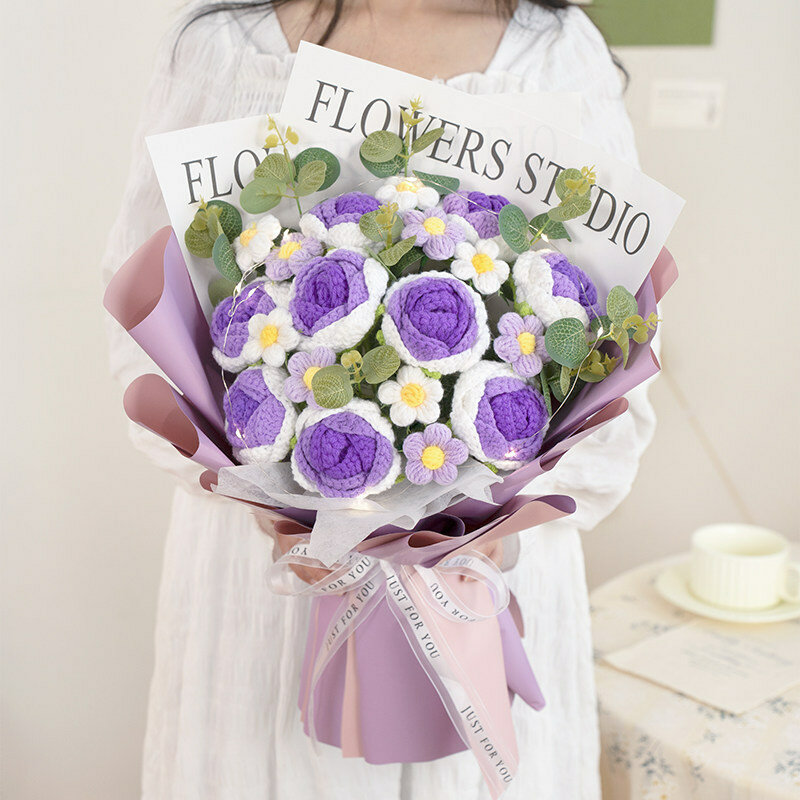 Вязаный вручную букет из пряжи, Фиолетовый Букет из 9 Роз, С подарочным пакетом и открыткой, Подарок на День Рождения